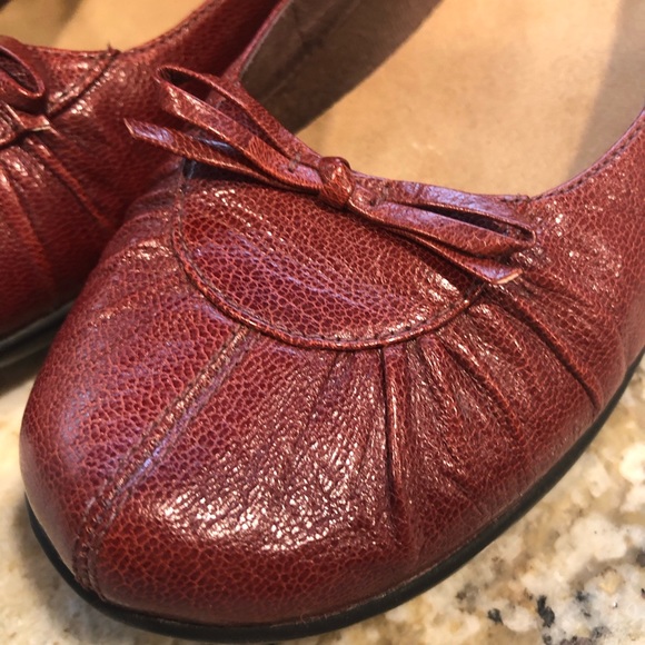 Clarks | Shoes | Clarks Red Leather Ballet Bow Slip On Flats 65 | Poshmark